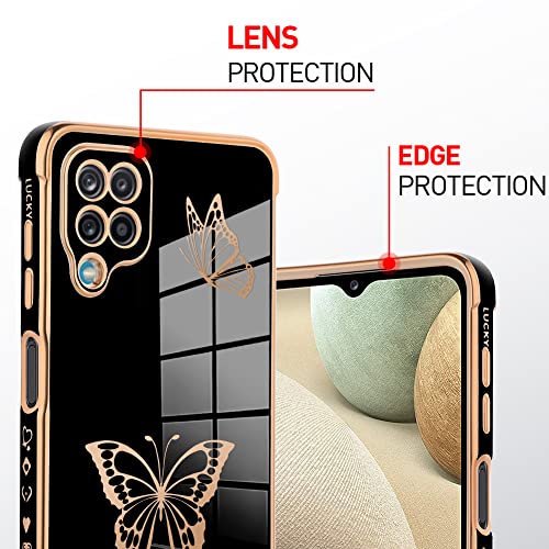 OOK Compatible with Galaxy A12 Case Luxury Plating Edge Bumper Case with Full Camera Lens Protection Cute Butterfly Pattern Cover for Samsung Galaxy A12 6.5 Inch for Women Girl(Black)