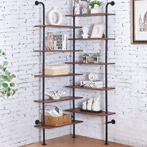 hombazaar bookshelf,10-tier l shaped, industrial double wide wall mount, modern bookcase with metal frame and wood, industrial corner pipe shelf for living room and office, brown