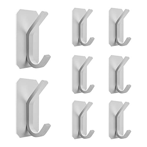 BATHHOLD Adhesive Towel Hooks Wall Hooks Wall Mount for Hanging Heavy Duty for Coat, Robe, Hat and Key Stick on Bathroom, Home, Office, Kitchen, Door - Sliver Space Aluminum -8 Packs