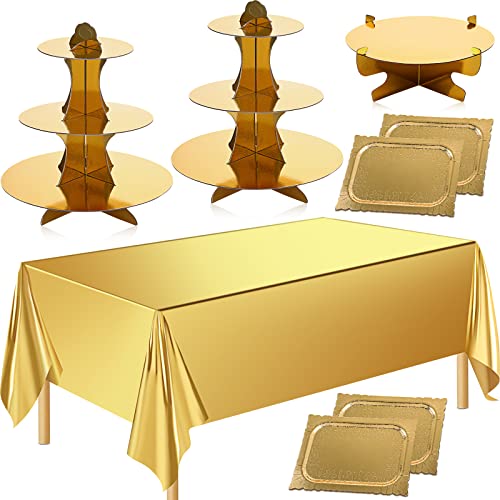 Gold Tablecloth 54 x 108 Inch Plastic Tablecloth with 7 Pieces Gold Cake Stand Set, 3 Tier Cardboard Cupcake Stand 1 Tier Round Dessert Stand Rectangle Serving Tray for Desserts Birthday Party