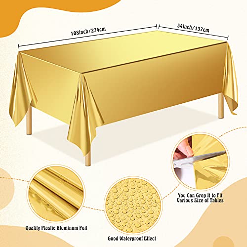 Gold Tablecloth 54 x 108 Inch Plastic Tablecloth with 7 Pieces Gold Cake Stand Set, 3 Tier Cardboard Cupcake Stand 1 Tier Round Dessert Stand Rectangle Serving Tray for Desserts Birthday Party