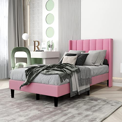 Gruwans Upholstered Bed Frame Twin with Wingback Headboard/No Box Spring Needed/Wooden Slat Support/Easy Assemble/Pink