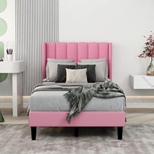 Gruwans Upholstered Bed Frame Twin with Wingback Headboard/No Box Spring Needed/Wooden Slat Support/Easy Assemble/Pink