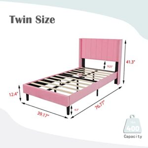 Gruwans Upholstered Bed Frame Twin with Wingback Headboard/No Box Spring Needed/Wooden Slat Support/Easy Assemble/Pink