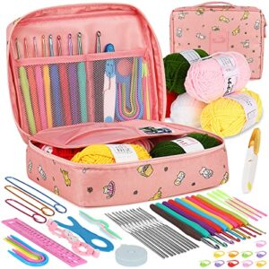 aeelike crochet kit for beginners adults, crochet kits include yarn, ergonomic crochet hooks 2.0-6.0 mm, lace steel needles 0.6-1.9 mm and case, 59pcs crochet starter kit for beginners kids