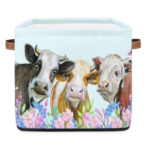 Fabric Storage Cubes Animal Cow Flower Collapsible Storage Bins, Storage Boxes for Organizing Storage Baskets with Handles for Shelves, Closet, Toy, Nursery (13x13x13 Inch)