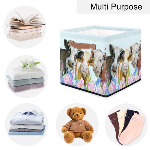 Fabric Storage Cubes Animal Cow Flower Collapsible Storage Bins, Storage Boxes for Organizing Storage Baskets with Handles for Shelves, Closet, Toy, Nursery (13x13x13 Inch)