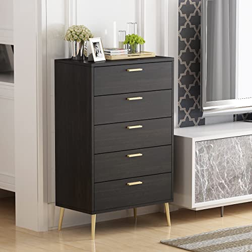 AGOTENI 5 Drawer Dresser-Black Chest of Drawers with Golden Handles,Contemporary Mid-Century Solid Wood Tall Dressers for Bedroom,Organizer Units for Living Room