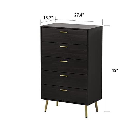 AGOTENI 5 Drawer Dresser-Black Chest of Drawers with Golden Handles,Contemporary Mid-Century Solid Wood Tall Dressers for Bedroom,Organizer Units for Living Room