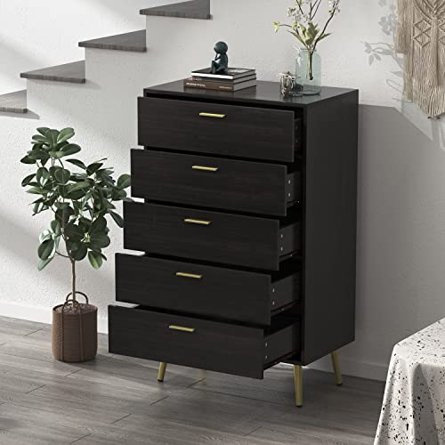 AGOTENI 5 Drawer Dresser-Black Chest of Drawers with Golden Handles,Contemporary Mid-Century Solid Wood Tall Dressers for Bedroom,Organizer Units for Living Room