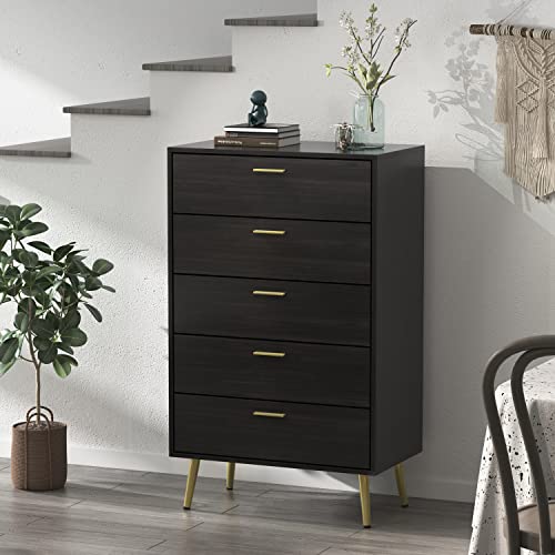 AGOTENI 5 Drawer Dresser-Black Chest of Drawers with Golden Handles,Contemporary Mid-Century Solid Wood Tall Dressers for Bedroom,Organizer Units for Living Room