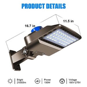 Juyace 150W led Parking lot Light Outdoor Street Area Lighting with Dusk to Dawn Photocell IP65 5000K Arm Mount 100-277V LED Shoe Box Commercial Lighting Adjustable Yard Security Light