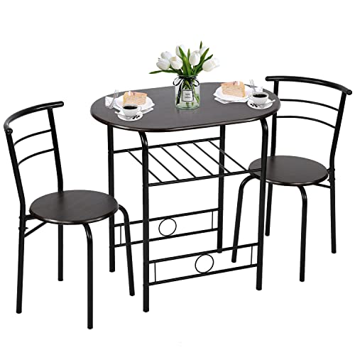 3 Piece Kitchen Table Set, Woodern Dining Room Table and Chairs, Compact Table Set for 2 Person, Bar Table Set w/Built-in Wine Rack for Breakfast Nook, Small Space, Restaurant, Bistro, Brown