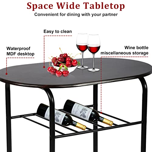 3 Piece Kitchen Table Set, Woodern Dining Room Table and Chairs, Compact Table Set for 2 Person, Bar Table Set w/Built-in Wine Rack for Breakfast Nook, Small Space, Restaurant, Bistro, Brown