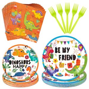 mocoosy 96pcs dinosaur party plates and napkins sets, dino birthday party supplies for kids disposable dinner dessert cake plates napkins forks dinosaur paper utensils tableware kit serves 24 guests