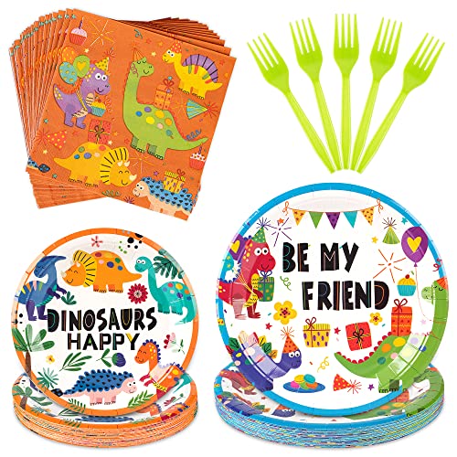 Mocoosy 96Pcs Dinosaur Party Plates and Napkins Sets, Dino Birthday Party Supplies for Kids Disposable Dinner Dessert Cake Plates Napkins Forks Dinosaur Paper Utensils Tableware Kit Serves 24 Guests