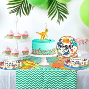 Mocoosy 96Pcs Dinosaur Party Plates and Napkins Sets, Dino Birthday Party Supplies for Kids Disposable Dinner Dessert Cake Plates Napkins Forks Dinosaur Paper Utensils Tableware Kit Serves 24 Guests