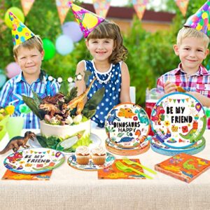 Mocoosy 96Pcs Dinosaur Party Plates and Napkins Sets, Dino Birthday Party Supplies for Kids Disposable Dinner Dessert Cake Plates Napkins Forks Dinosaur Paper Utensils Tableware Kit Serves 24 Guests