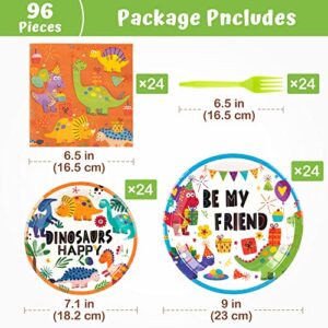 Mocoosy 96Pcs Dinosaur Party Plates and Napkins Sets, Dino Birthday Party Supplies for Kids Disposable Dinner Dessert Cake Plates Napkins Forks Dinosaur Paper Utensils Tableware Kit Serves 24 Guests