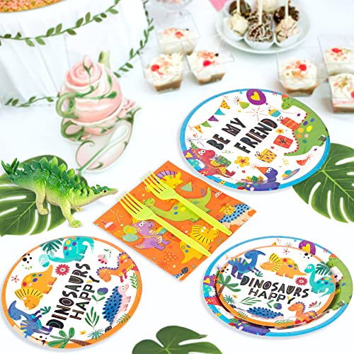 Mocoosy 96Pcs Dinosaur Party Plates and Napkins Sets, Dino Birthday Party Supplies for Kids Disposable Dinner Dessert Cake Plates Napkins Forks Dinosaur Paper Utensils Tableware Kit Serves 24 Guests