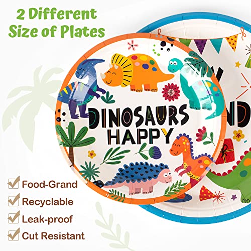 Mocoosy 96Pcs Dinosaur Party Plates and Napkins Sets, Dino Birthday Party Supplies for Kids Disposable Dinner Dessert Cake Plates Napkins Forks Dinosaur Paper Utensils Tableware Kit Serves 24 Guests