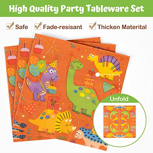 Mocoosy 96Pcs Dinosaur Party Plates and Napkins Sets, Dino Birthday Party Supplies for Kids Disposable Dinner Dessert Cake Plates Napkins Forks Dinosaur Paper Utensils Tableware Kit Serves 24 Guests