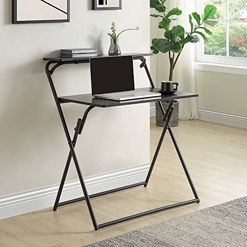 Generic Table Study Folding Computer Desks Black Gaming Rotating Panel Work MDF Board No Assembly Required Computer Desk with 2-Tier Shelf Table Black