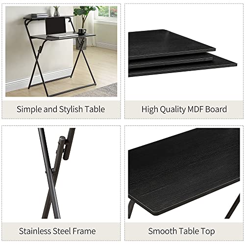 Generic Table Study Folding Computer Desks Black Gaming Rotating Panel Work MDF Board No Assembly Required Computer Desk with 2-Tier Shelf Table Black