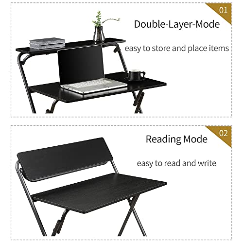 Generic Table Study Folding Computer Desks Black Gaming Rotating Panel Work MDF Board No Assembly Required Computer Desk with 2-Tier Shelf Table Black