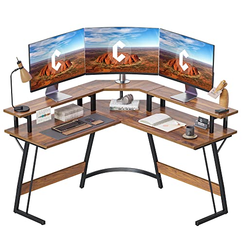 CubiCubi Gaming Desk, 50.4” L Shaped Desk, Computer Corner Desk with Monitor Stand, Home Office Study Writing Workstation, Space-Saving, Deep Brown