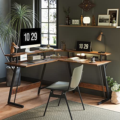 CubiCubi Gaming Desk, 50.4” L Shaped Desk, Computer Corner Desk with Monitor Stand, Home Office Study Writing Workstation, Space-Saving, Deep Brown