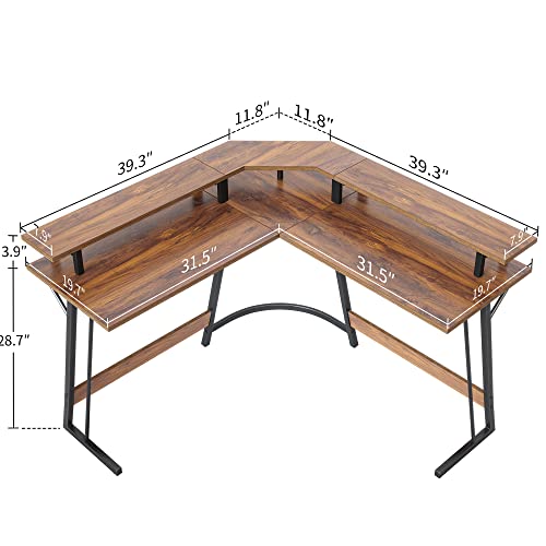 CubiCubi Gaming Desk, 50.4” L Shaped Desk, Computer Corner Desk with Monitor Stand, Home Office Study Writing Workstation, Space-Saving, Deep Brown