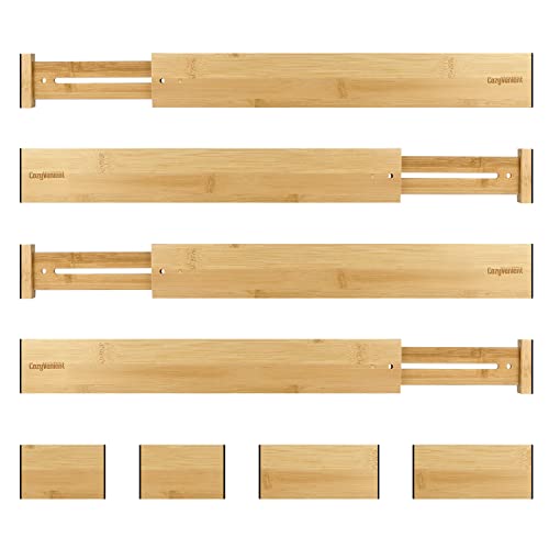 CozyVenient Adjustable Bamboo Drawer Dividers for Clothes, Kitchen Utensils, Office Desks, Bathroom Accessories, Socks and Underwear, and Personal Items, 4 Dividers with 4 Partitions