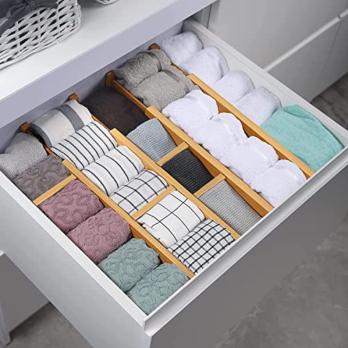 CozyVenient Adjustable Bamboo Drawer Dividers for Clothes, Kitchen Utensils, Office Desks, Bathroom Accessories, Socks and Underwear, and Personal Items, 4 Dividers with 4 Partitions