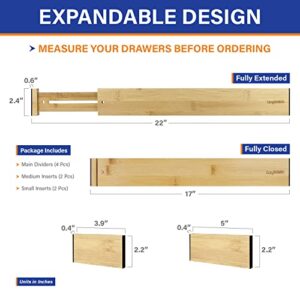 CozyVenient Adjustable Bamboo Drawer Dividers for Clothes, Kitchen Utensils, Office Desks, Bathroom Accessories, Socks and Underwear, and Personal Items, 4 Dividers with 4 Partitions