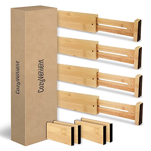 CozyVenient Adjustable Bamboo Drawer Dividers for Clothes, Kitchen Utensils, Office Desks, Bathroom Accessories, Socks and Underwear, and Personal Items, 4 Dividers with 4 Partitions