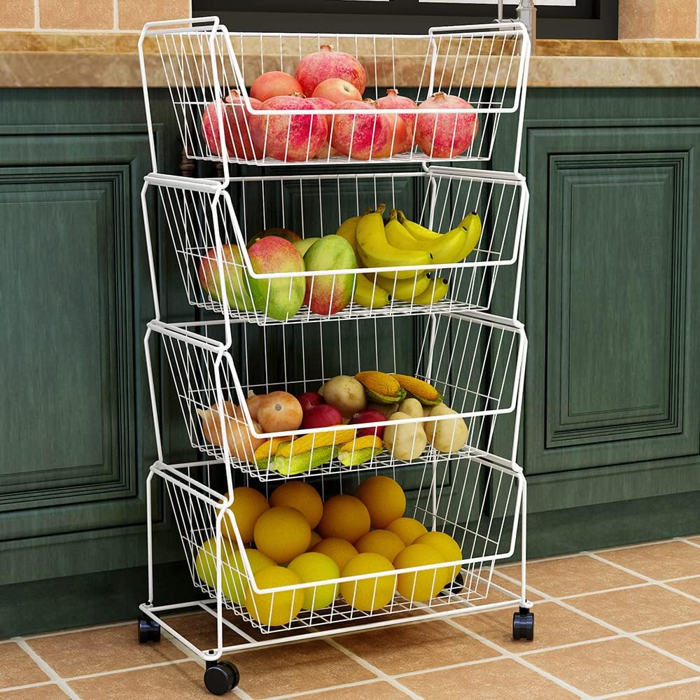 PUSDON 4-Tier Stackable Metal Storage Baskets, Anti-Rust Fruit Vegetable Rack, Dual Use Shelf for Kitchen, Home & Office, White