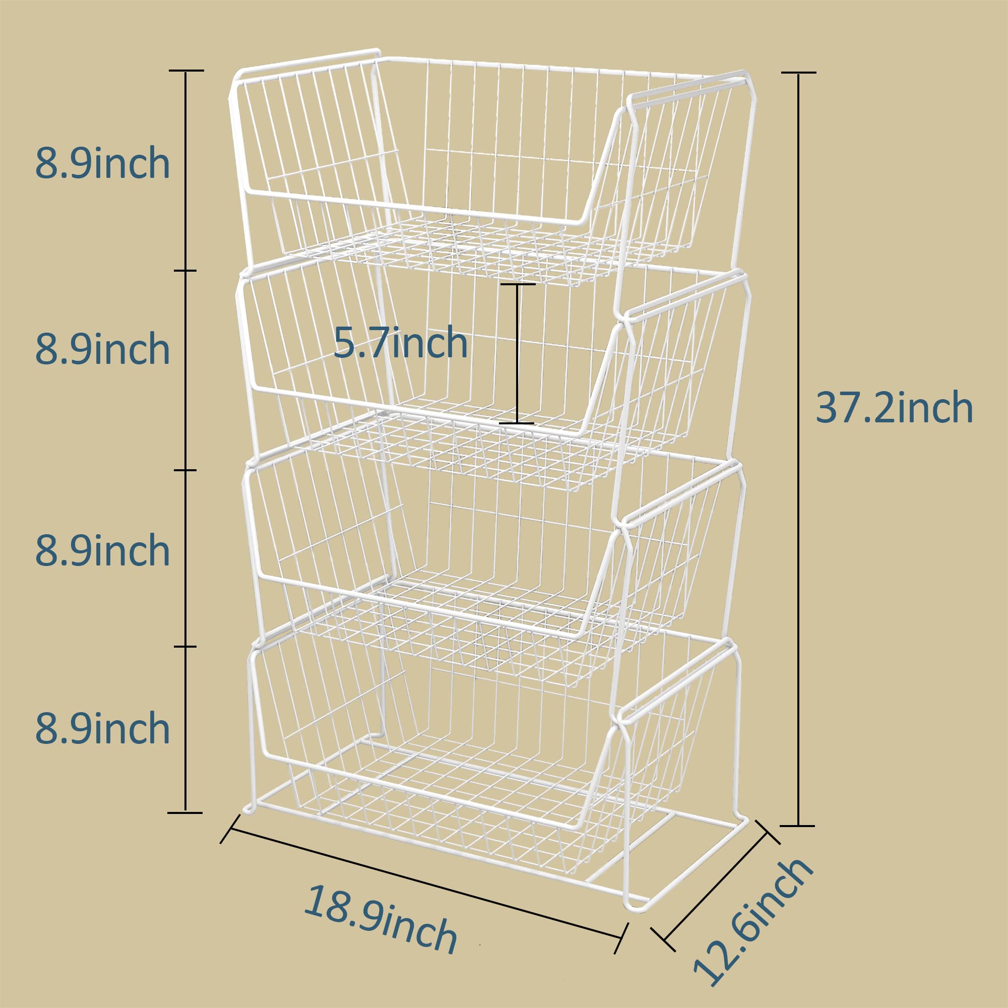 PUSDON 4-Tier Stackable Metal Storage Baskets, Anti-Rust Fruit Vegetable Rack, Dual Use Shelf for Kitchen, Home & Office, White