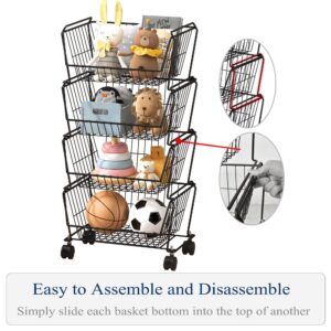 pusdon 4-tier stackable metal storage baskets, anti-rust fruit vegetable rack, dual use shelf for kitchen, home & office, black