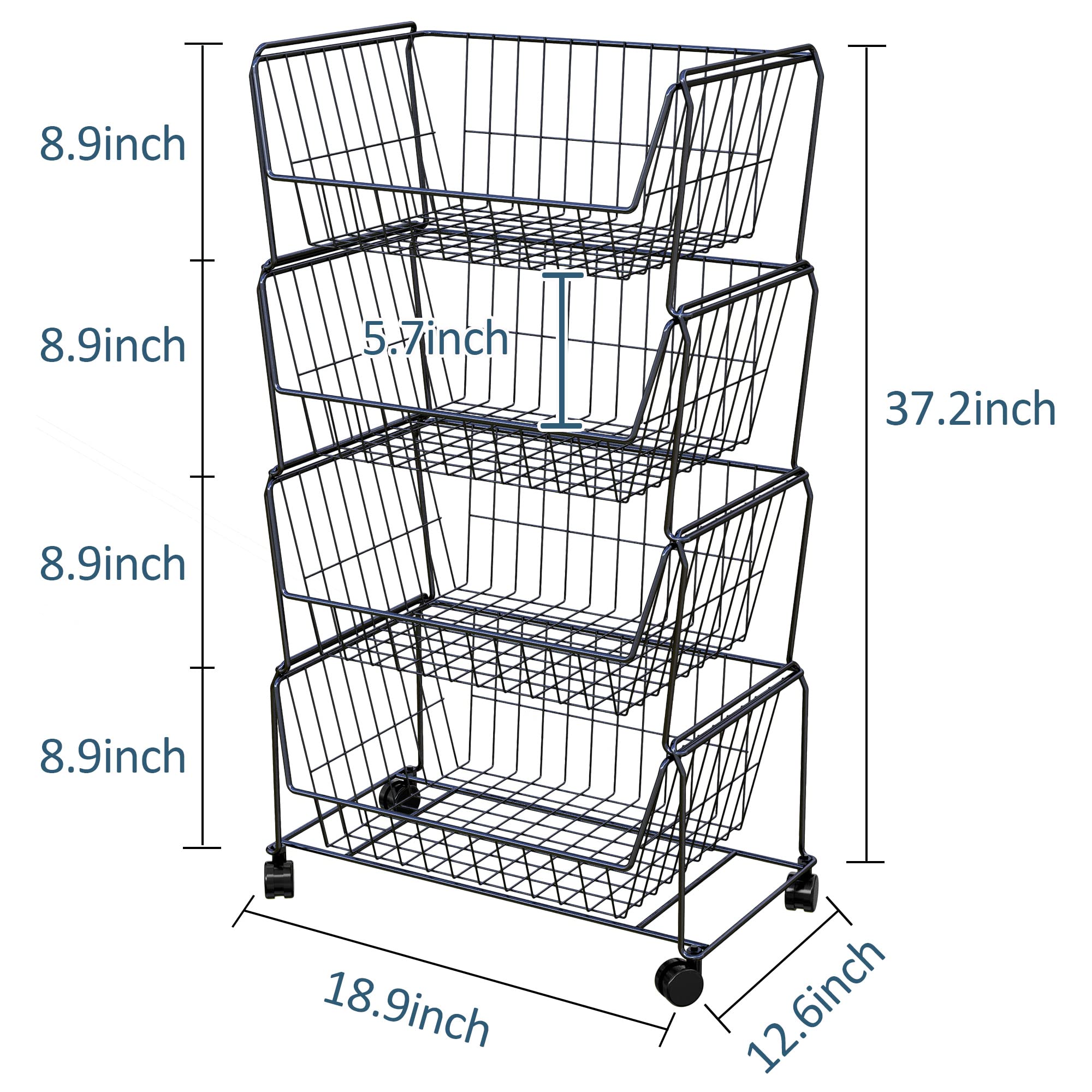 PUSDON 4-Tier Stackable Metal Storage Baskets, Anti-Rust Fruit Vegetable Rack, Dual Use Shelf for Kitchen, Home & Office, Black