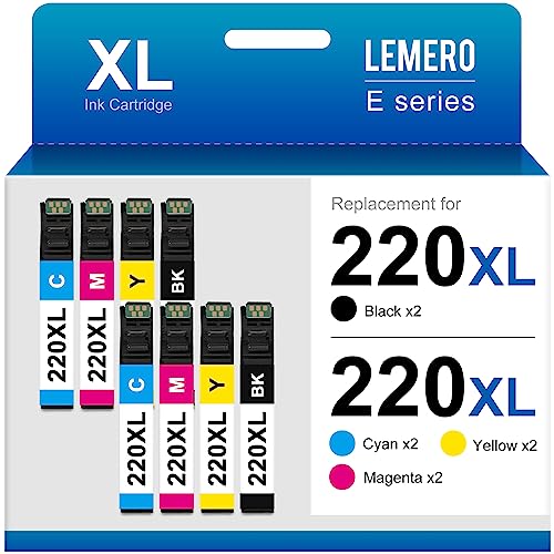 LEMERO Remanufactured Ink Cartridge Replacement for Epson 220XL 220 XL for Workforce WF-2750 WF-2760 WF-2650 WF-2630 XP-420 XP-320 Printer (2 Black, 2 Cyan, 2 Magenta, 2 Yellow, 8 Pack)