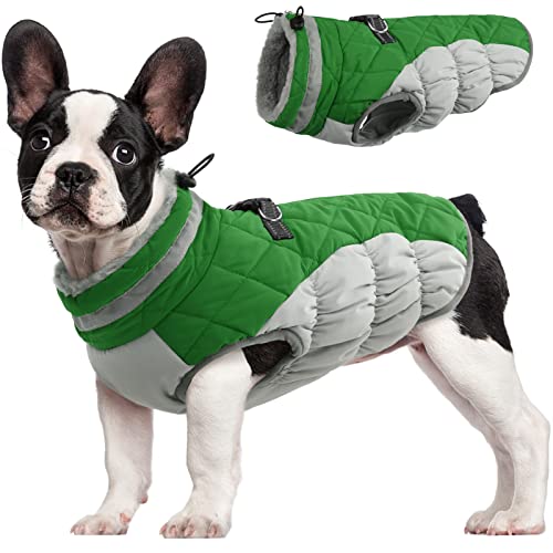 FUAMEY Dog Coat,Warm Dog Jacket Winter Coat Paded Dog Fleece Vest Reflective Dog Cold Weather Coats with Built in Harness Waterproof Windproof Dog Snow Jacket Clothes with Zipper Green Medium