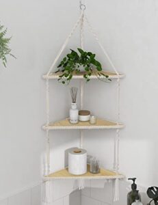 mazjoaru macrame corner shelves 3 tier, boho handmade woven white rope beige hanging floating shelf decor display storage organizer for bedroom bathroom office living room