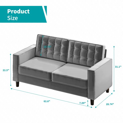 BALUS 63" W Velvet Loveseat Sofa, Mid-Century Modern Loveseats Couch Furniture for Living Room, Upholstered Love Seats 2-Seater Living Room, Bedroom, Apartment and Small Space (Grey)