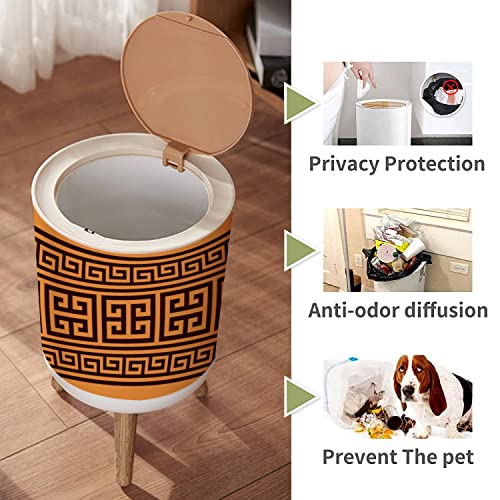 Small Trash Can with Lid for Bathroom Kitchen Office Diaper Greek key seamless design brown inspired by ancient Greece pottery art Bedroom Garbage Trash Bin Dog Proof Waste Basket Cute Decorative