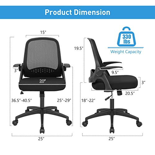 COSTWAY Mesh Office Chair, Adjustable Swivel Executive Chair with Flip-up Armrest, Lumbar Support and Rocking Backrest, Ergonomic Breathable Computer Desk Chair for Home Office (Black)