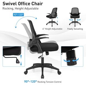 COSTWAY Mesh Office Chair, Adjustable Swivel Executive Chair with Flip-up Armrest, Lumbar Support and Rocking Backrest, Ergonomic Breathable Computer Desk Chair for Home Office (Black)