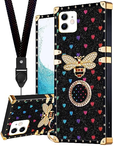 Loheckle for iPhone 11 Case for Women, Designer Square Cases for iPhone 11 with Ring Stand Holder and Lanyard, Cute Design Luxury Bees Squared Edges Cover for iPhone 11 6.1 Inch