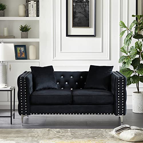 Melpomene Tufted Sectional 59.4''W 2 Seat Tuxedo Velvet Loveseat Couch Bilateral Crystal Button-Tufted Accent with Chrome Metal Legs, Modern Contemporary Chesterfield (Black, 2 Seat)