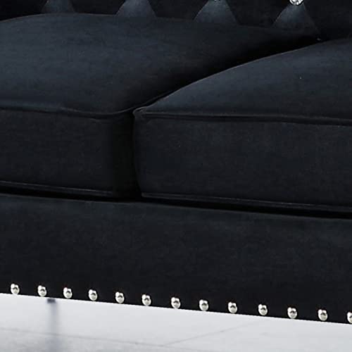 Melpomene Tufted Sectional 59.4''W 2 Seat Tuxedo Velvet Loveseat Couch Bilateral Crystal Button-Tufted Accent with Chrome Metal Legs, Modern Contemporary Chesterfield (Black, 2 Seat)